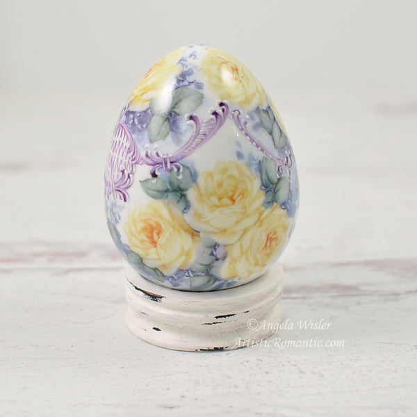 Easter Egg Hand Painted Porcelain Yellow Roses Violet Scrolls Spring D - Artistic Romantic