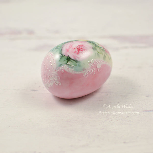 Porcelain Easter Egg Hand Painted Pink Yellow Roses Victorian Scrolls ...